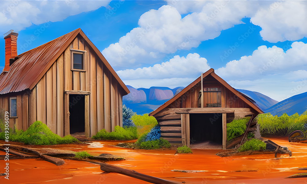 olpntng style, winter landscape of Old muddy houses primitive village ...