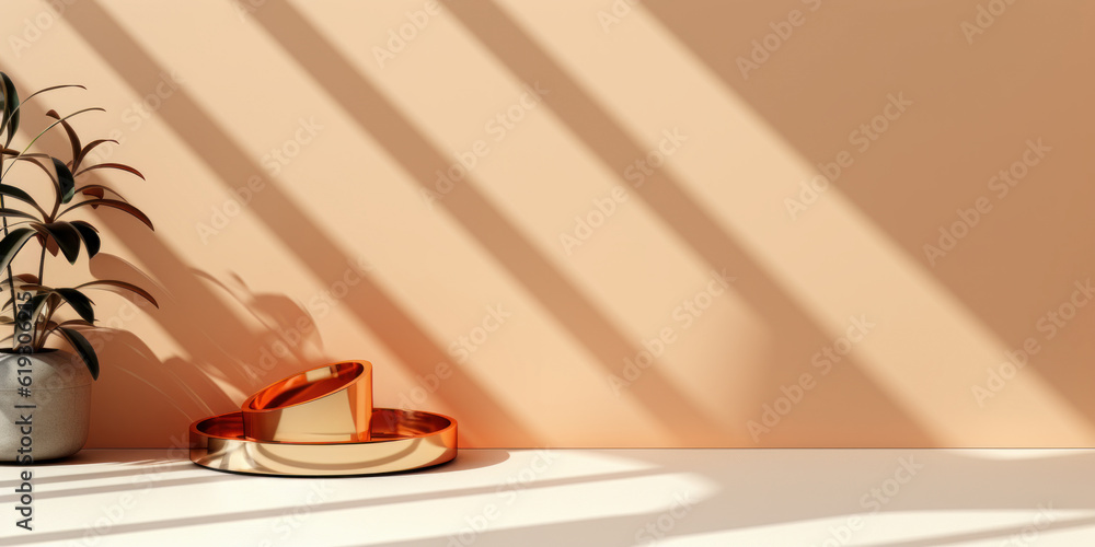 sleek orange chrome spiral podium table illuminated by sunlight, with ...