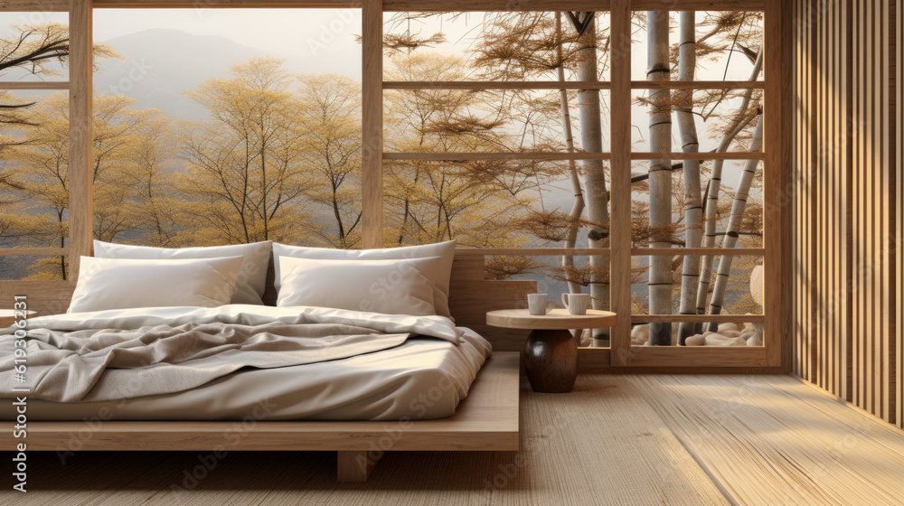 Japanese-style wooden platform bed with a fabric headboard, adorned ...