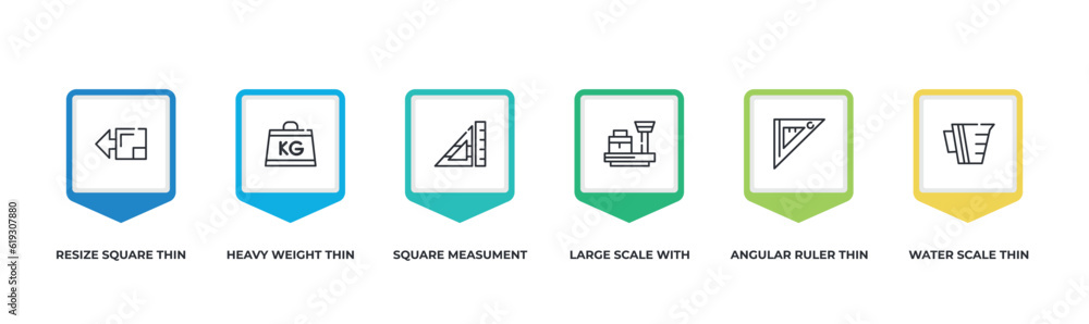 set of measurement outline icons with infographic template. thin line icons included heavy ...