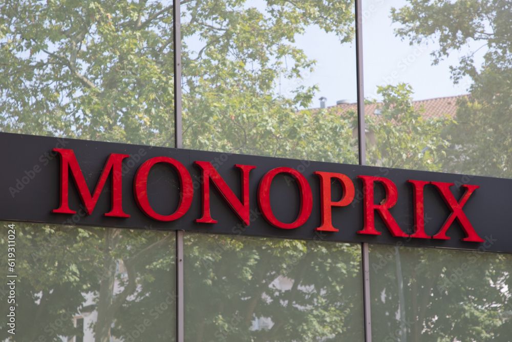 Monoprix logo sign shop supermarket store wall facade text brand ...