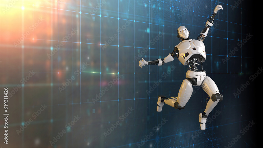 Futuristic world robots are running. Presentation of technology with robots. 3d rendering action ...