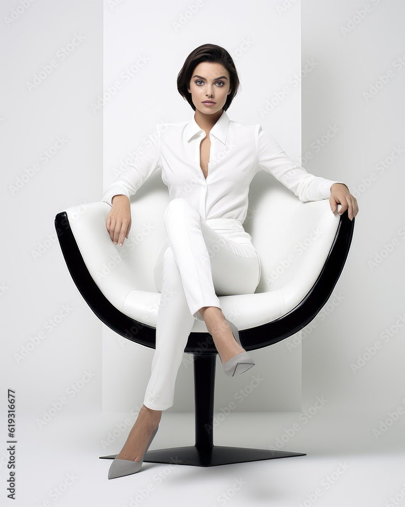 Generative AI - Avantgarde: A woman sitting provocatively in a white ...