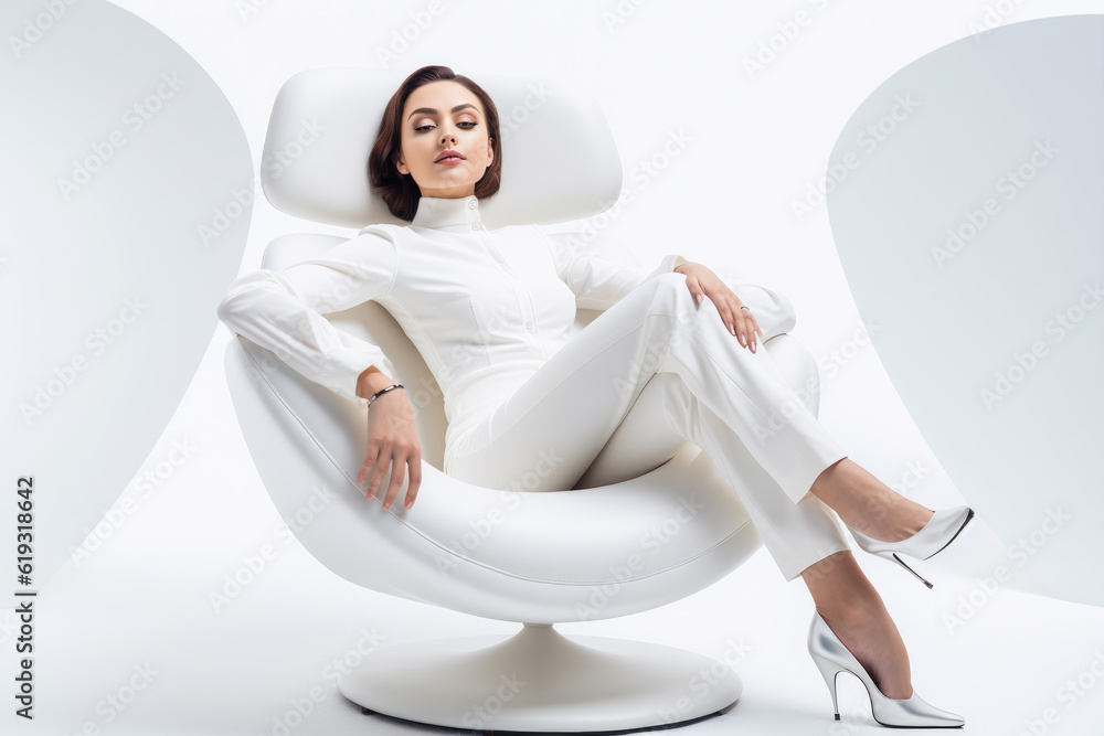Generative AI - Avant-garde: A woman sitting provocatively in a white ...