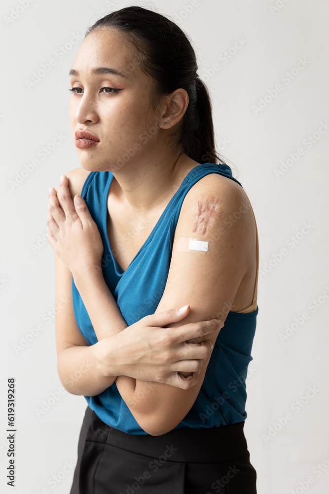 Vaccination with negative side effect, Asian Woman with Injection Spot ...