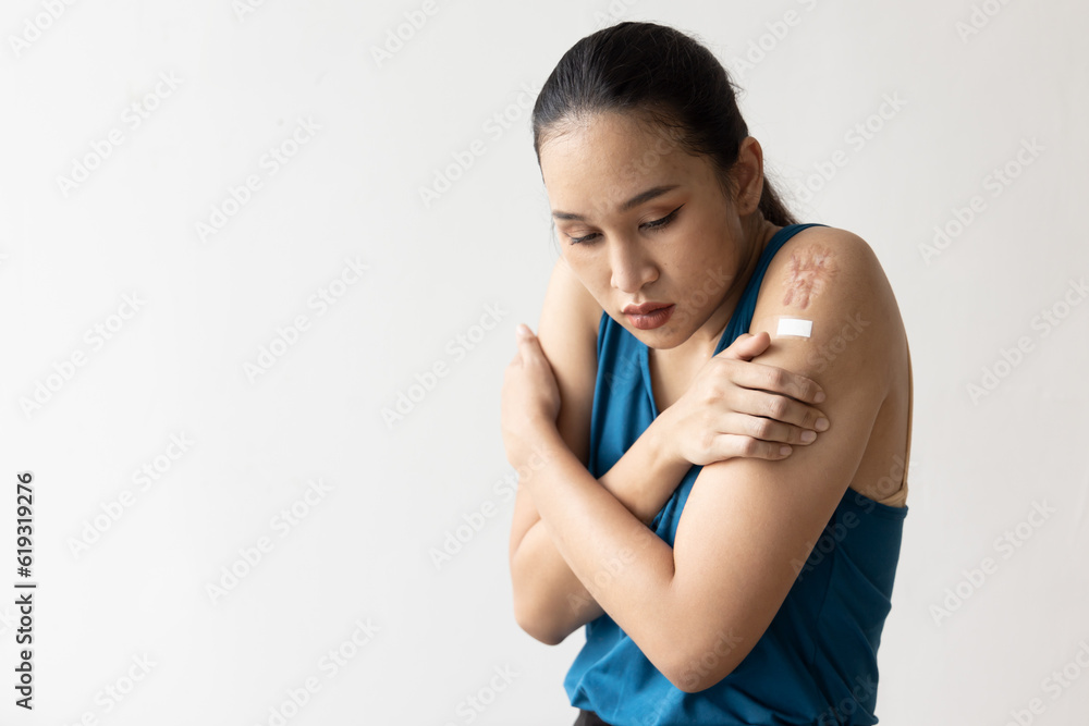 Vaccination with negative side effect, Asian Woman with Injection Spot ...