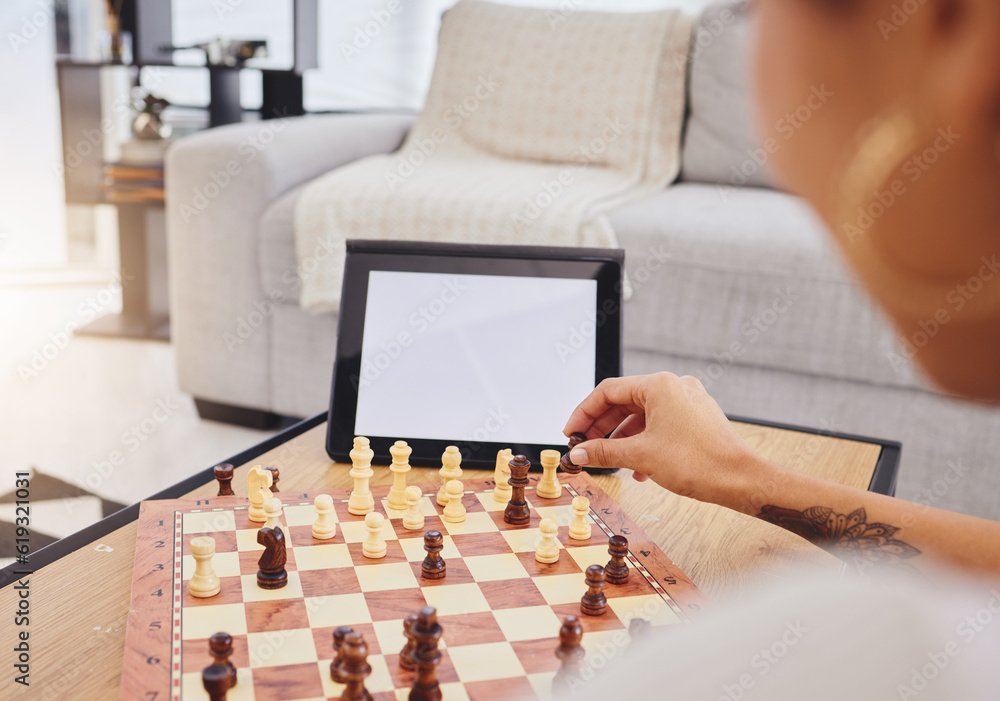 Video call, chess and woman with tablet, mockup and screen in gaming ...