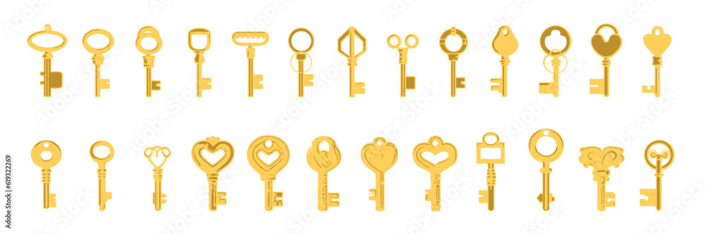 Keys icons set, isolated. Closing and opening doors. Gold keys signs ...