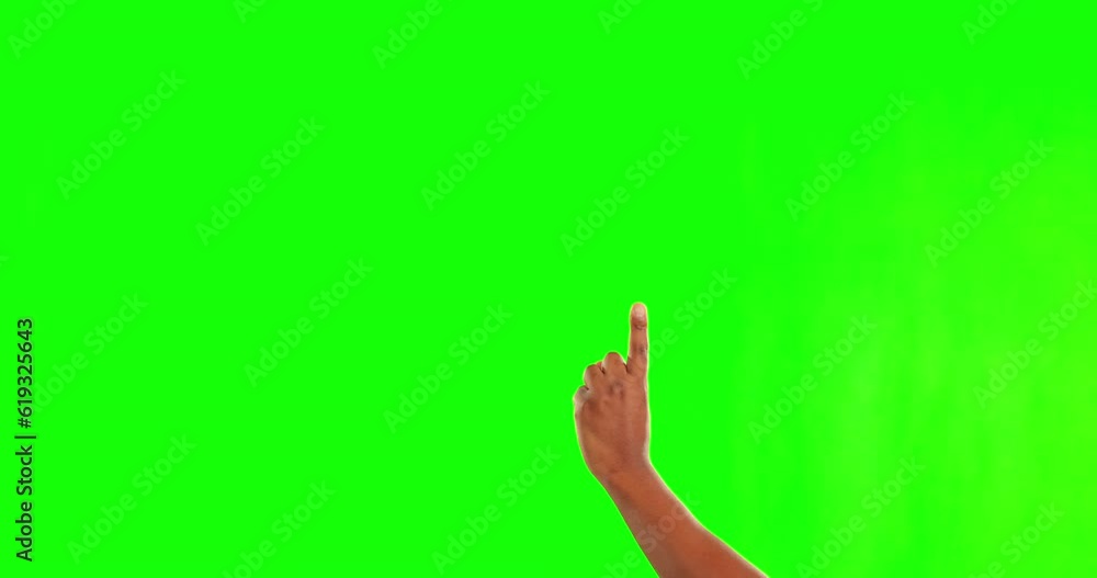 Green screen, hand and pointing for presentation of promotion, mockup ...