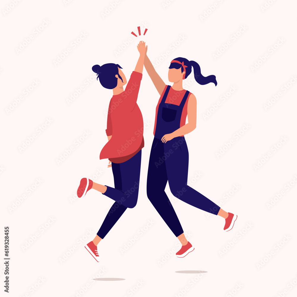 Two Young Women Jumping Up In High Five Gesture With Slapping Each ...