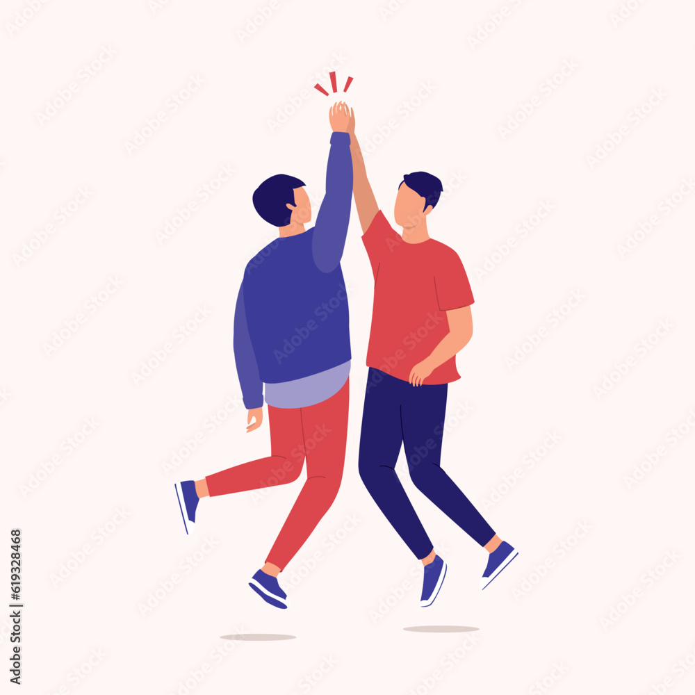 Two Young Men Jumping Up In High Five Gesture With Slapping Each Other ...