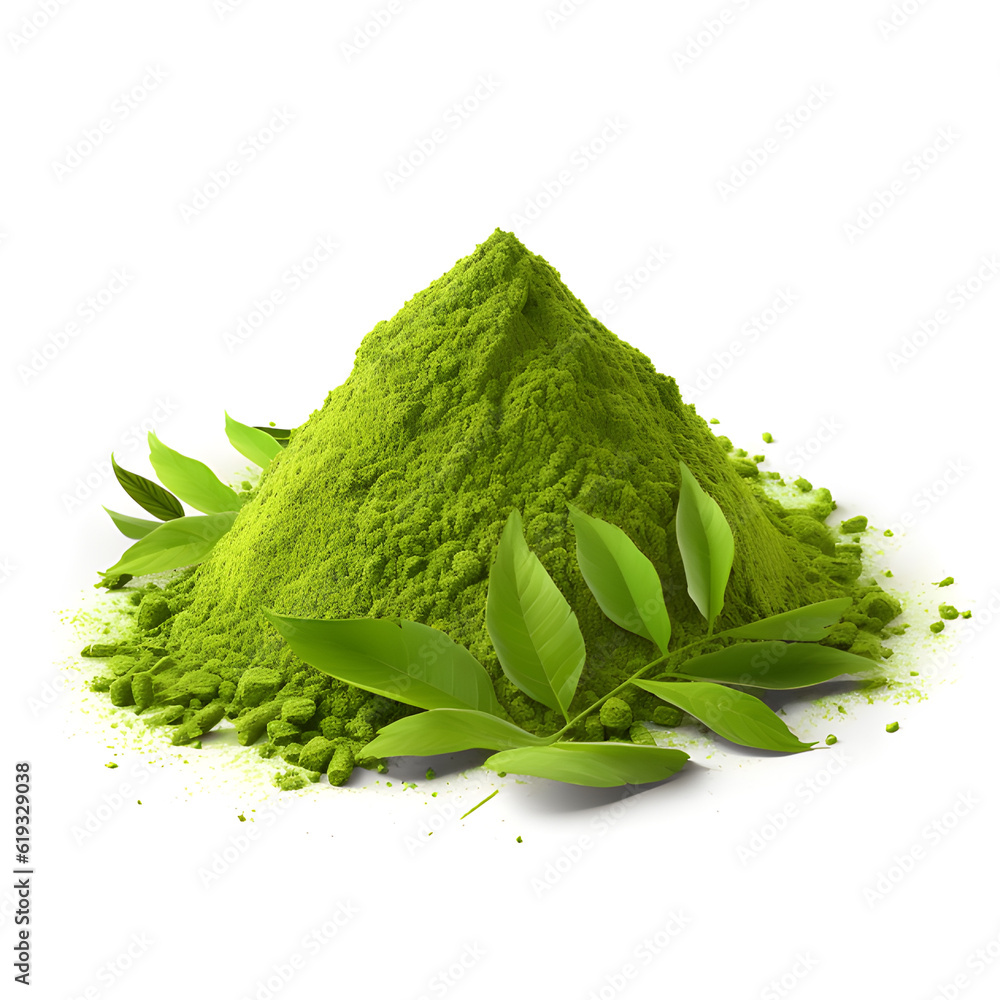Tea leaf and matcha green tea powder on white background. Generative AI ...