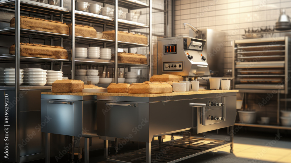 Industrial commercial bakery kitchen with stainless steel convection, a ...