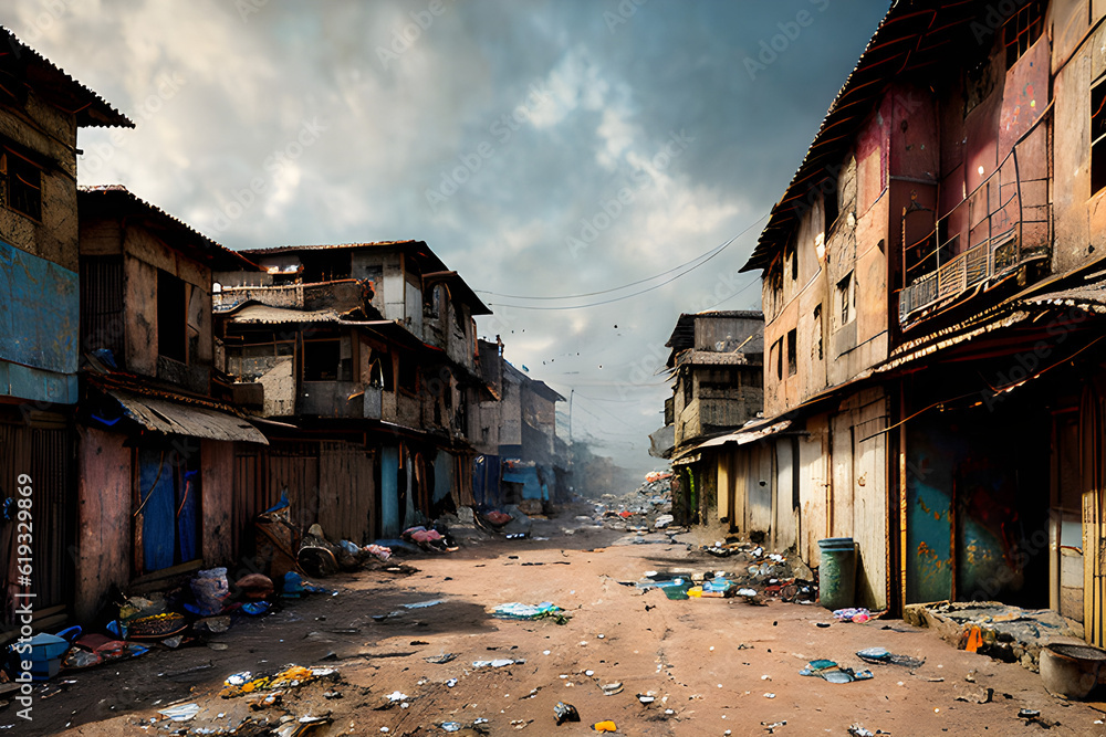 Rows of rundown and crudely built shanty houses in a poor and ...