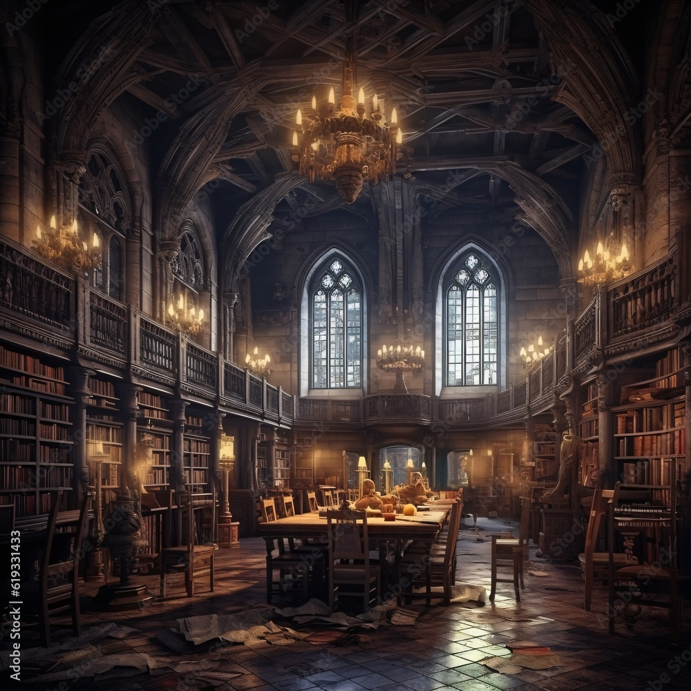 medieval library, gothic reading room interior with desks, old ...