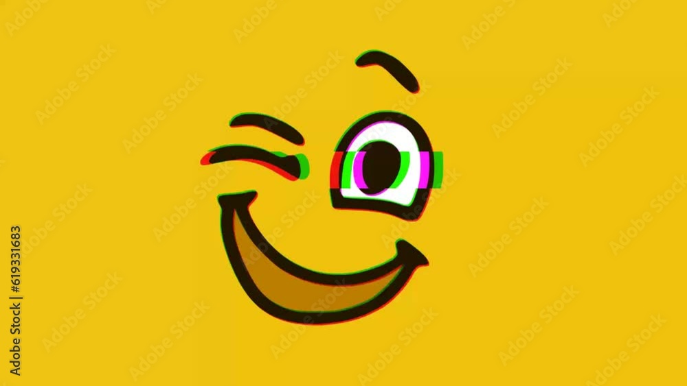 Winking happy face emoticon with glitch effect on yellow background ...