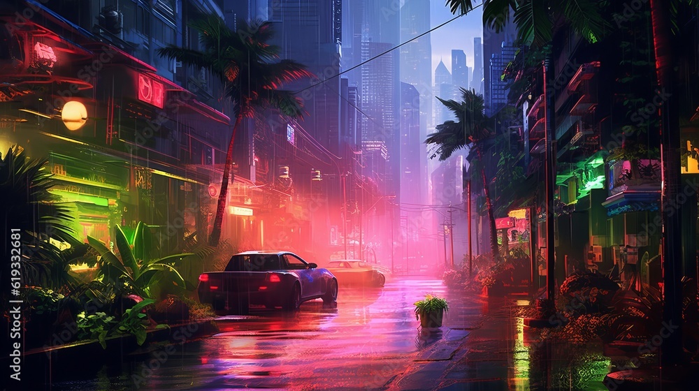 Night tropical city in cyberpunk style, neon light, tropical plants ...