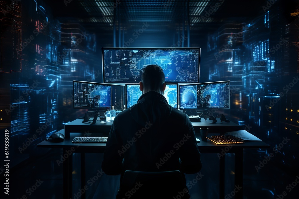 hacker front of his computer committing digital cybercrime, data fraud ...