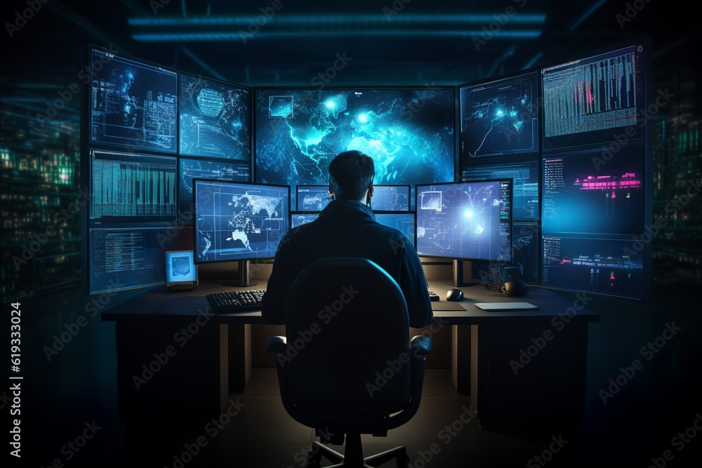 hacker front of his computer committing digital cybercrime, data fraud ...