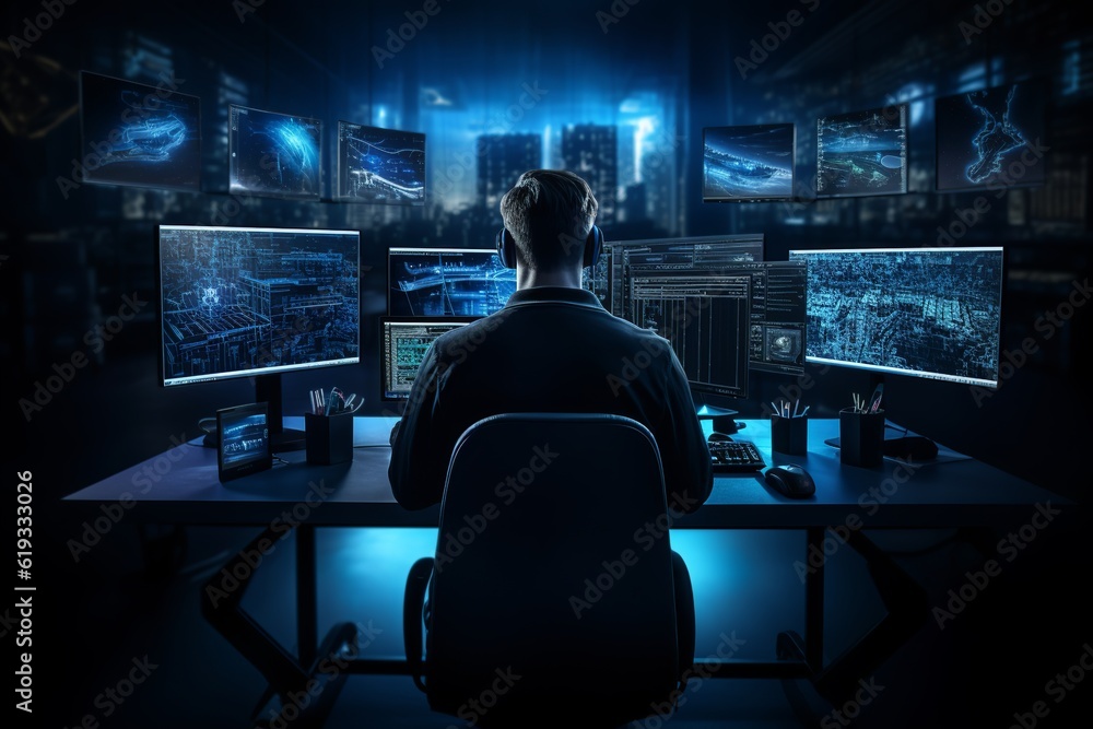 hacker front of his computer committing digital cybercrime, data fraud ...