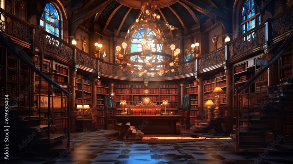 medieval library, gothic reading room interior with desks, old ...