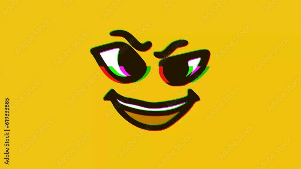 Sneaky face emoticon with glitch effect on yellow background, Cartoon ...