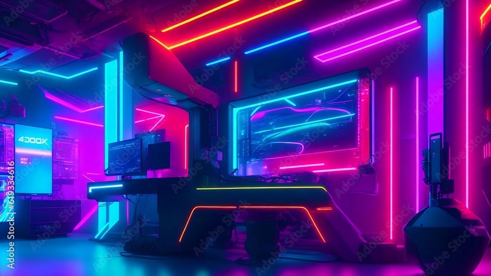 Future tech room with big ultra-wide borderless monitors and future ...