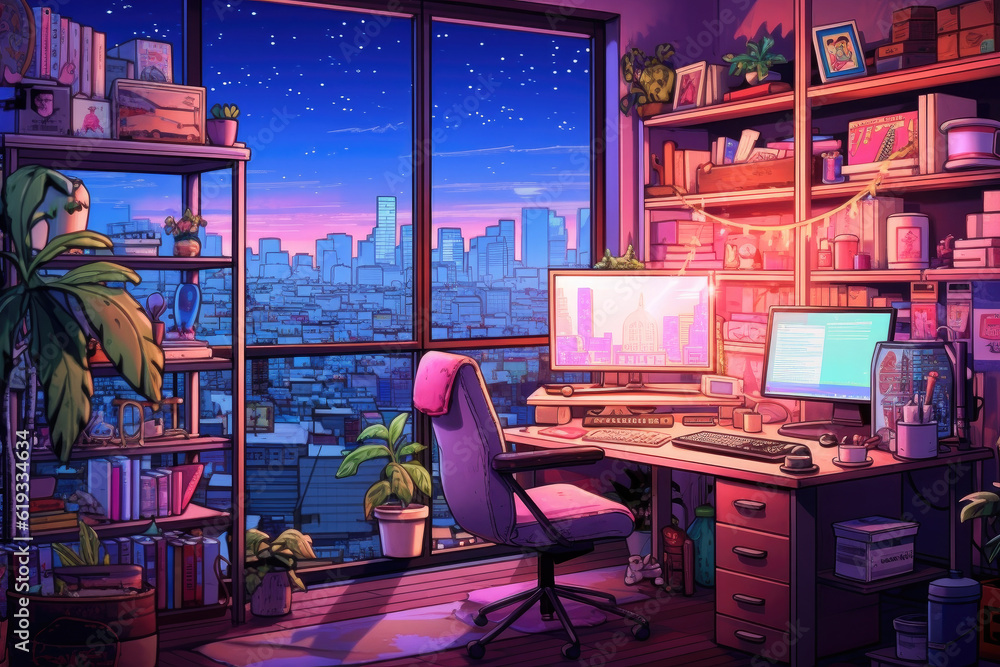 Cartoon Home Room Personal Workspace with Computer, Table and Chair by ...