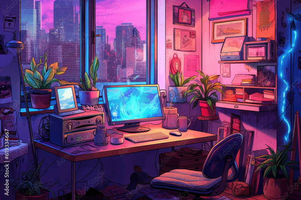 Cartoon Home Room Personal Workspace with Computer, Table and Chair by ...