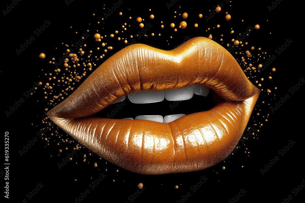 Gold Lips with Golden Splash on a black background. Generative AI Stock Illustration | Adobe Stock