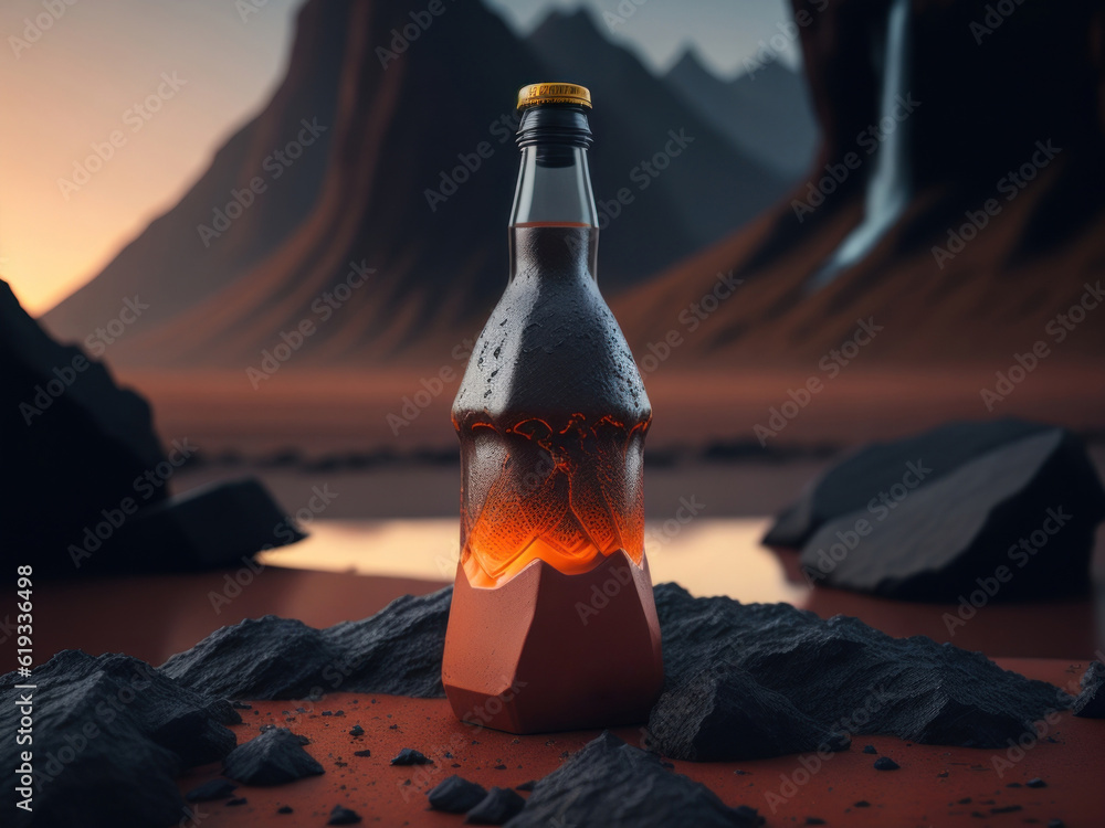 blank soda bottle podium mockup in lava stream for product presentation ...