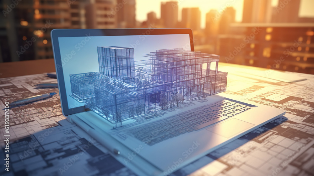 A Real Estate Concept in Building Design on Computer Tablet Blueprint ...