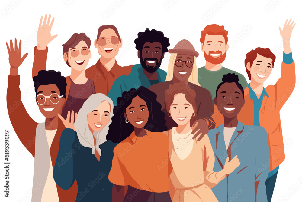 Diverse multicultural group of people waving and smiling, vector ...