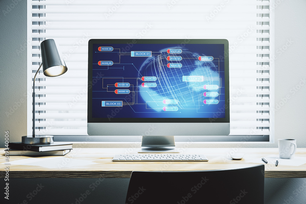 Modern computer screen with abstract creative coding sketch and world ...