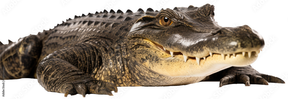 Closeseup portrait of a crocodile isolated on white background as ...