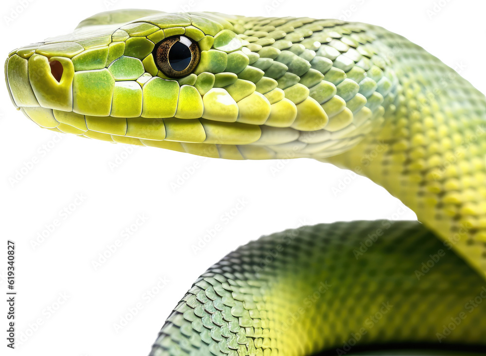 Close up portrait of a green mamba snake isolated on white background ...