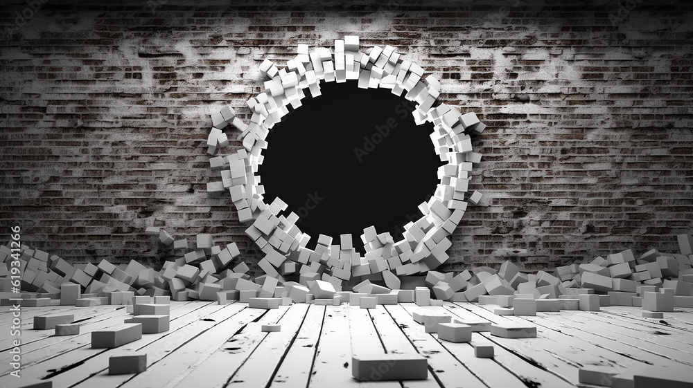 hole in the black brick wall white light from the hole abstract ...