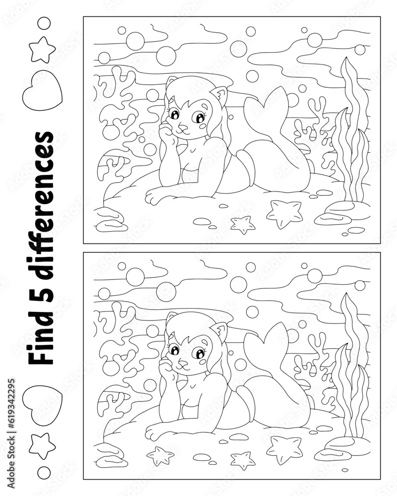 Find five differences. Coloring page for kids. Activity worksheet for ...
