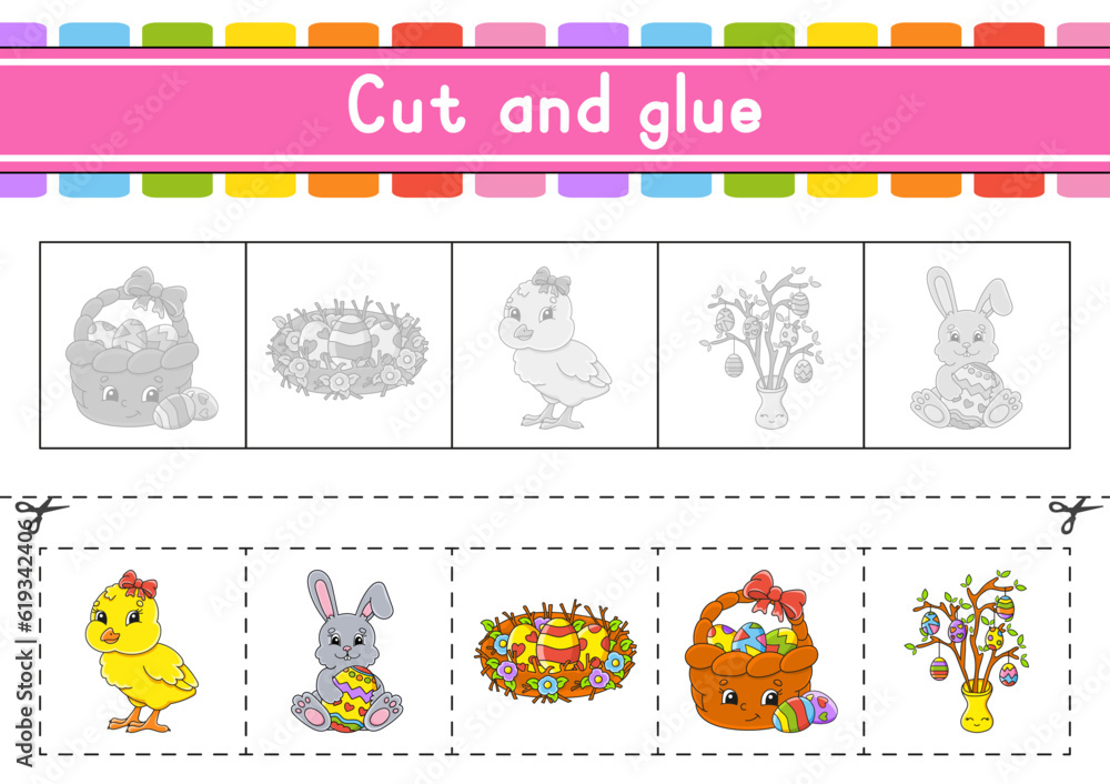 Cut and play. Paper game with glue. Flash cards. Education worksheet ...