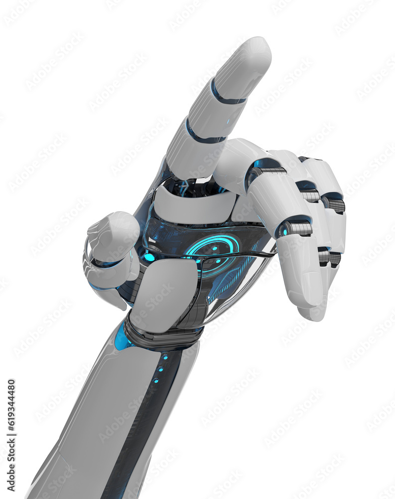 Isolated robot hand pointing finger. 3D rendering white and blue cyborg arm. Humanoid fingers ...