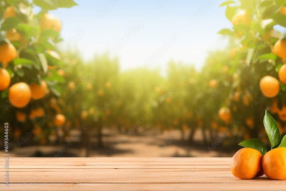 Empty wood table with free space over orange trees, orange field ...