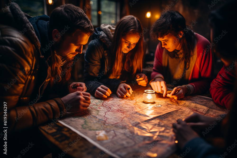 a group of friends huddled around a map, their fingers tracing routes ...