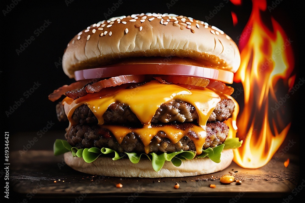 macro photo of flaming fire hot double steak cheeseburger with extra ...
