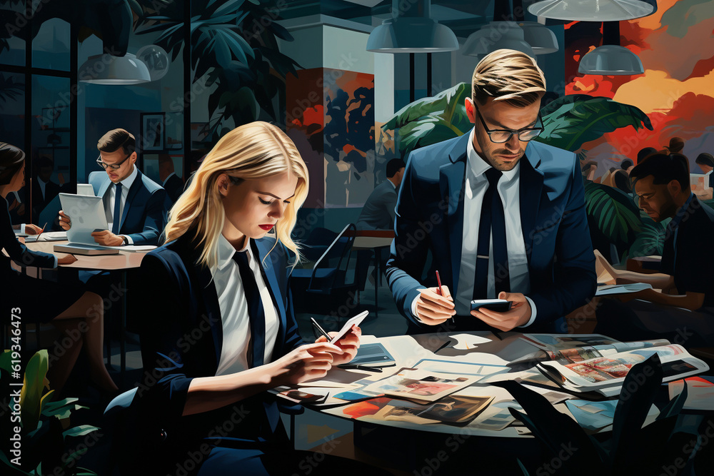 a busy office scene with people engaged in meetings, typing on ...