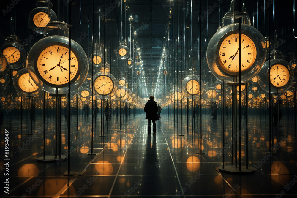 clocks set to different time zones, surrounded by mirrors, reflecting ...