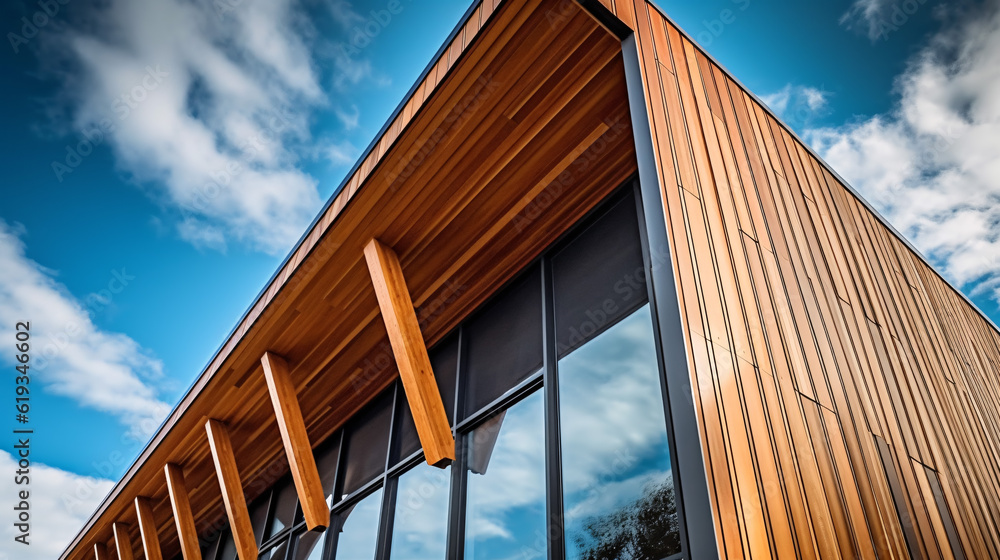 Modern timber clad building with an upward view to a cloudy blue sky ...