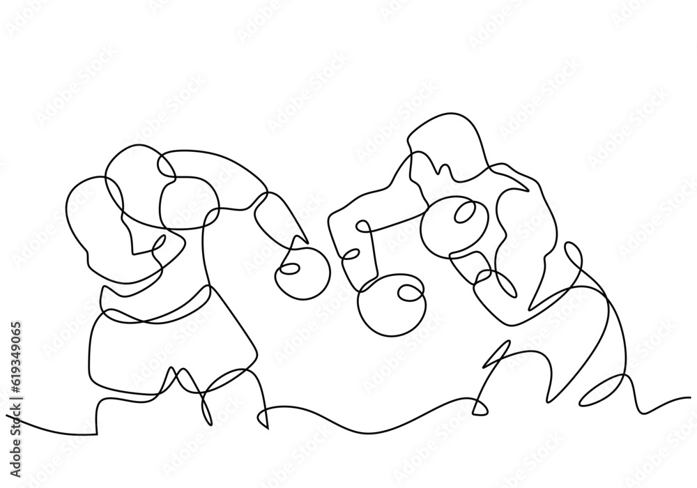boxing fight one line drawing, boxer punching with his hand to opponent ...