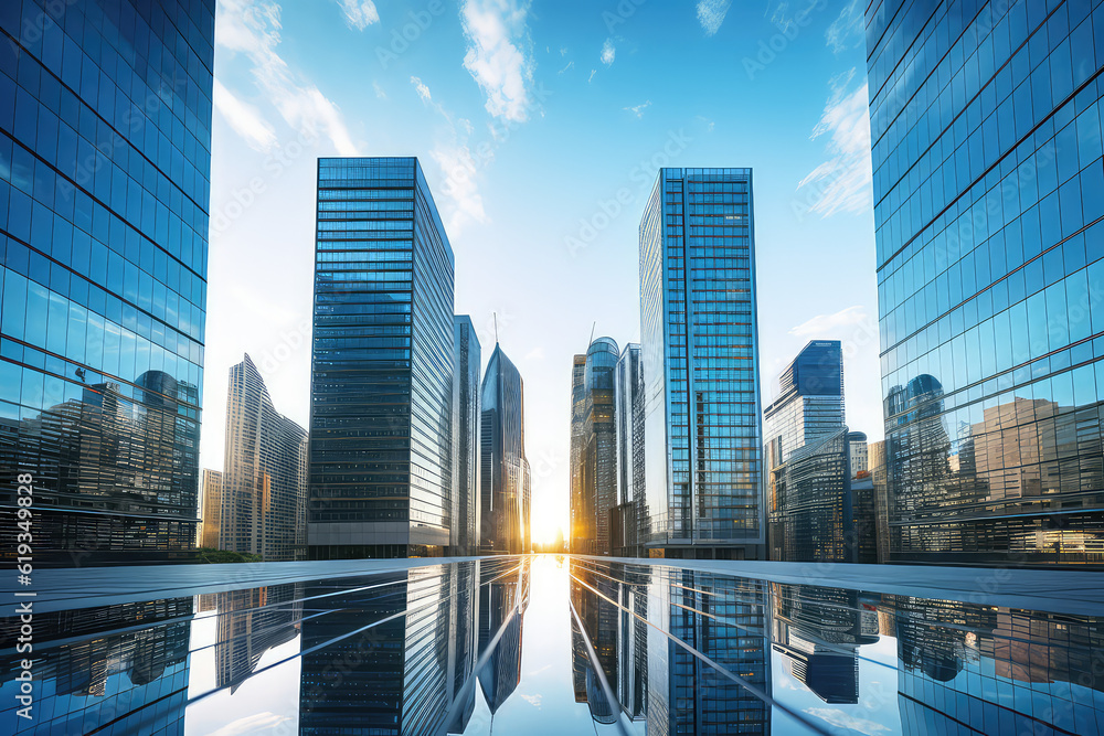 Reflective skyscrapers, business office buildings. low angle view of ...