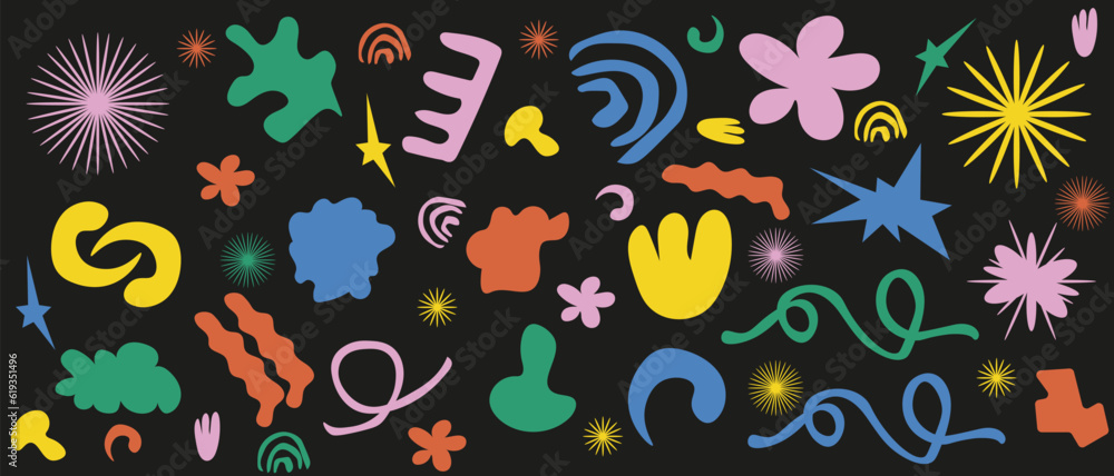 Hand drawing groovy background with abstract Trendy Shapes. Modern ornament with Organic Shapes ...