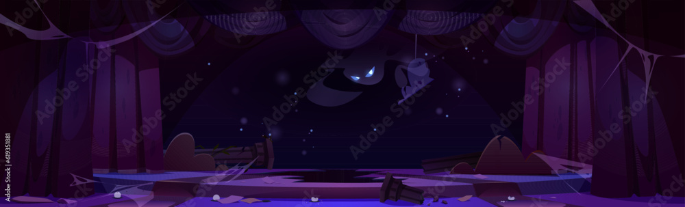Abandoned theater stage with spooky ghost and dusty curtains. Vector ...